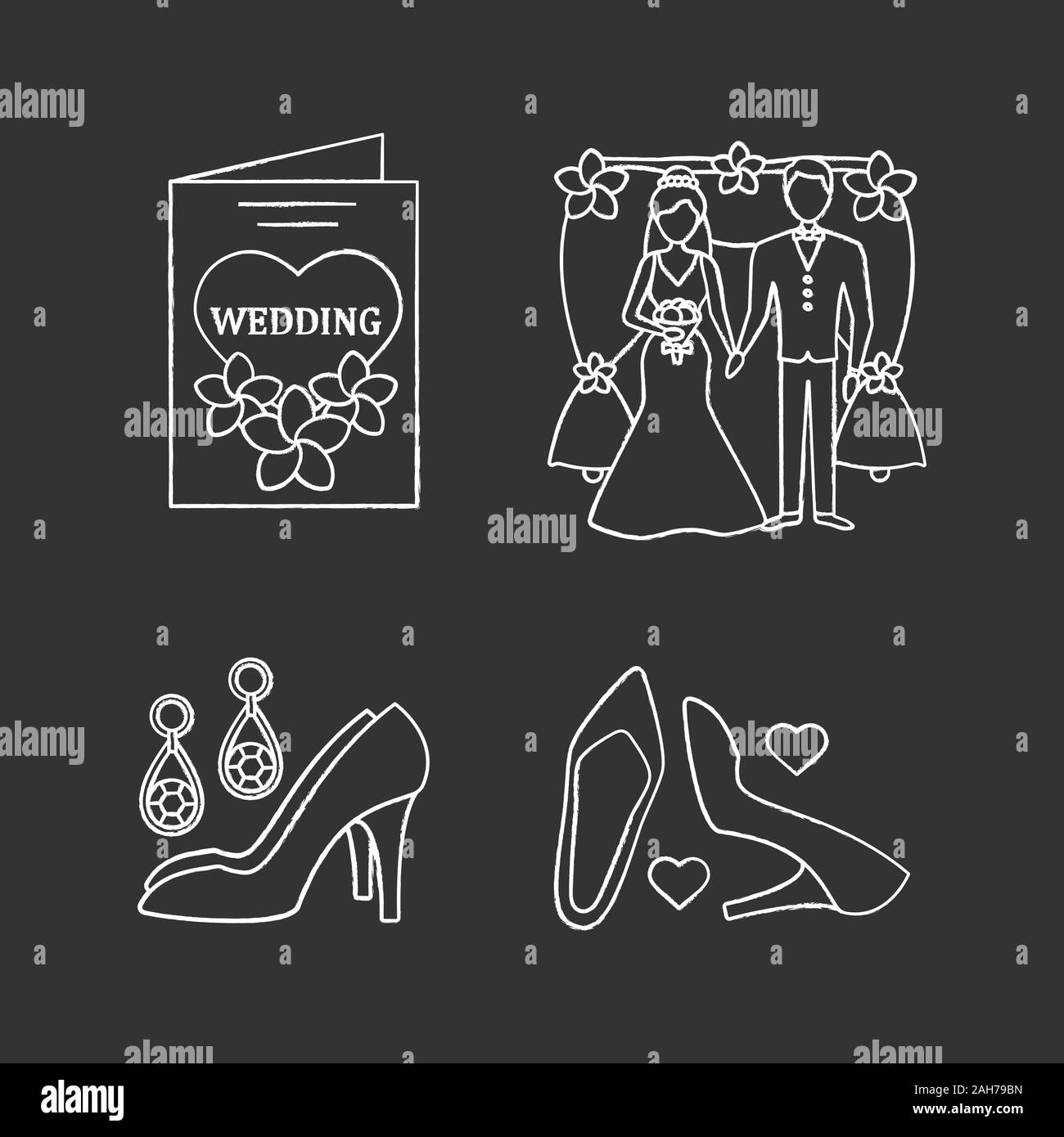 Wedding planning chalk icons set. Women’s accessories, high heel shoe ...