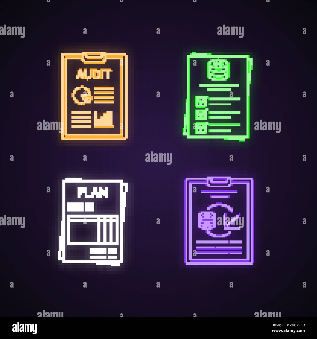 Audit neon light icons set. Auditor's report, budget, performance audit ...