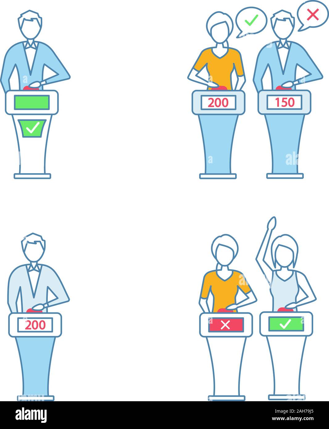 Quiz show color icons set. Intellectual game winner, loser, buzzer ...