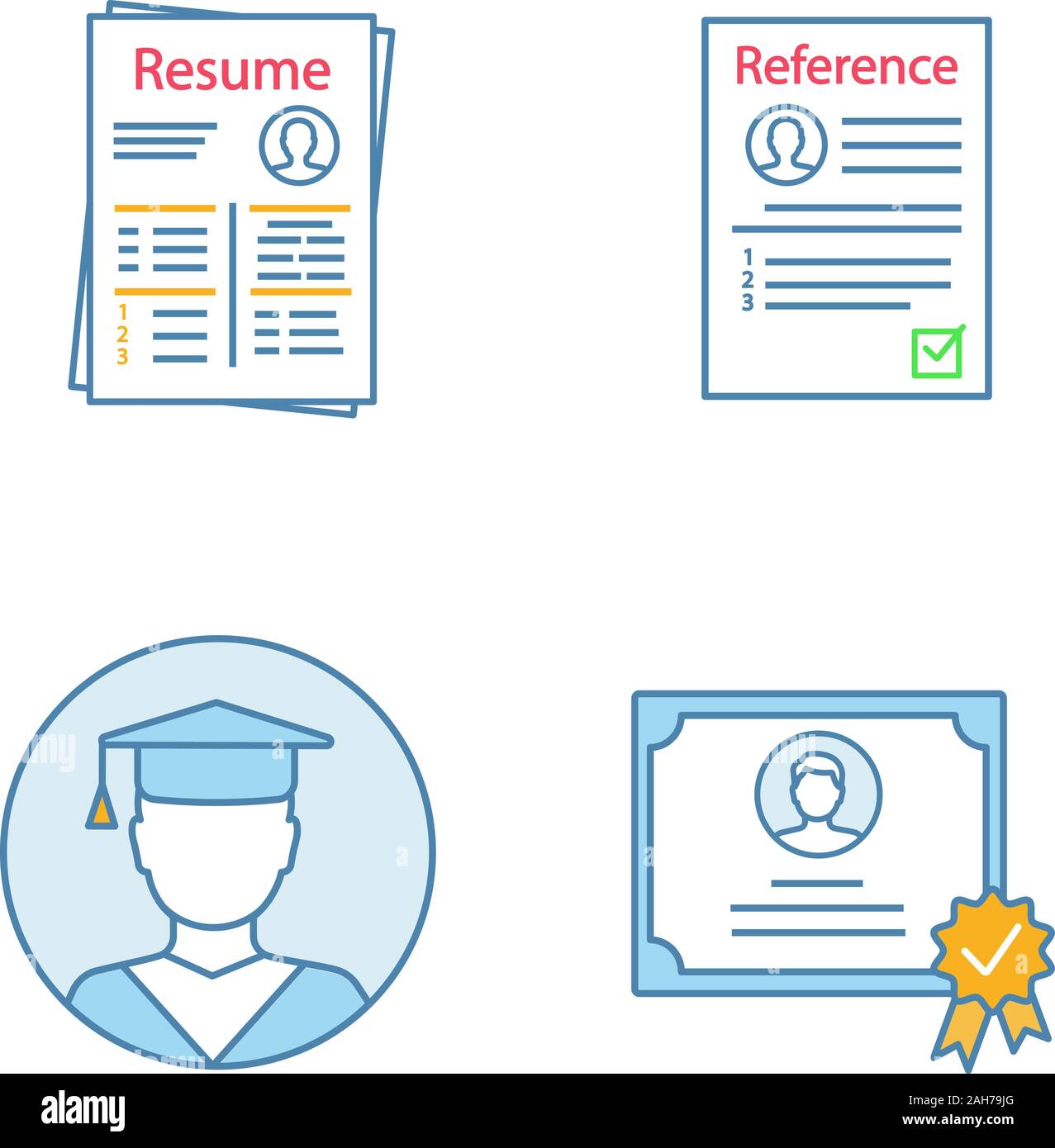 Resume color icons set. CV, reference letter, education, certificate ...