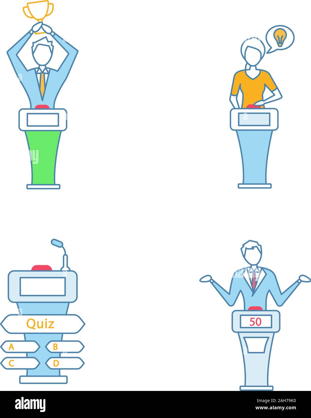 Quiz show color icons set. Intellectual game winner, loser, buzzer ...