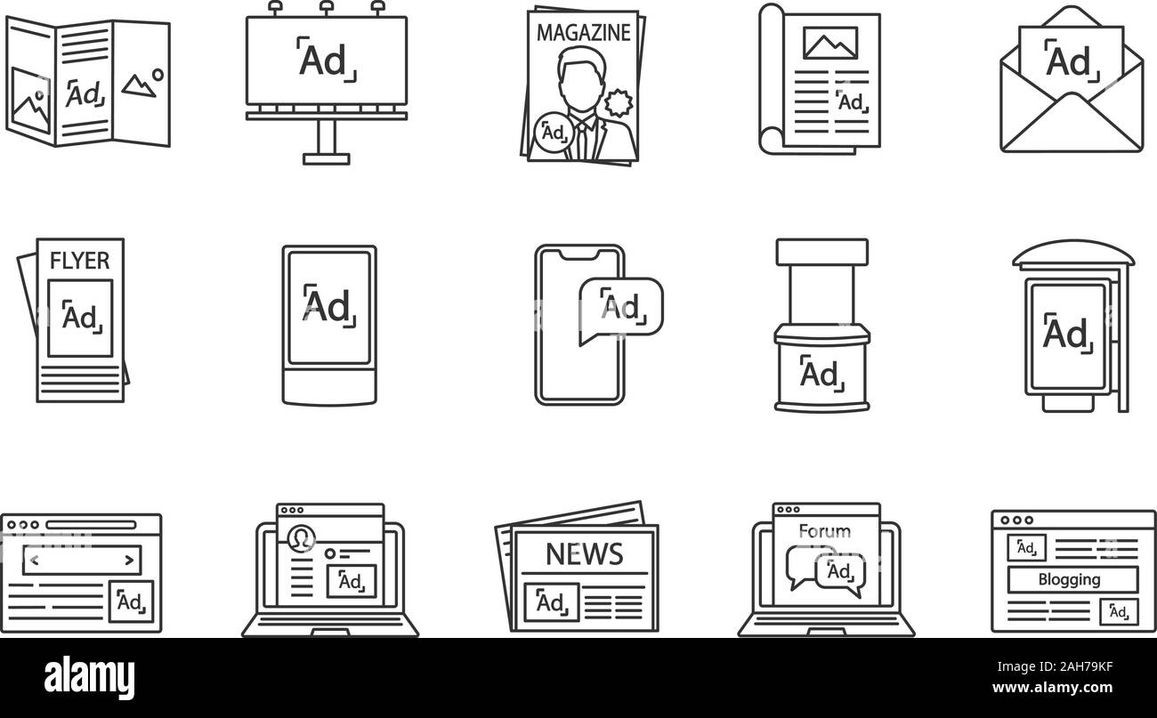 Advertising channels linear icons set. Printing media. Outdoor ...