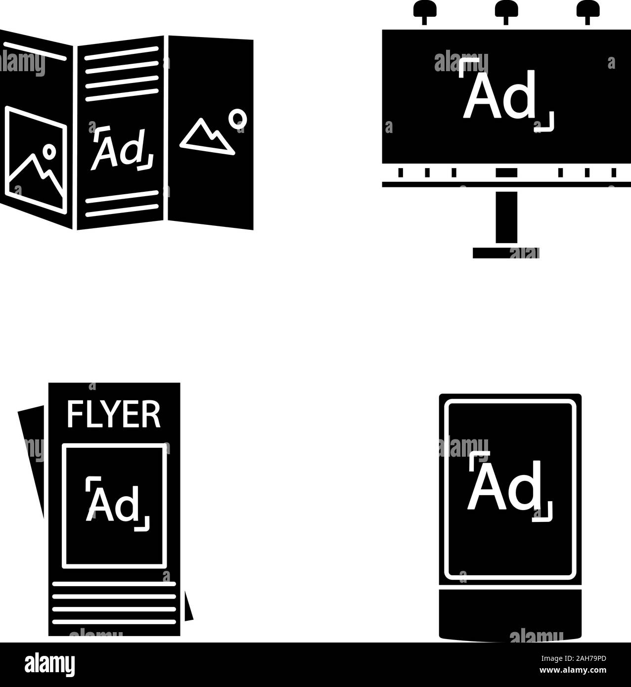 Advertising channels glyph icons set. Brochure, billboard, street ...