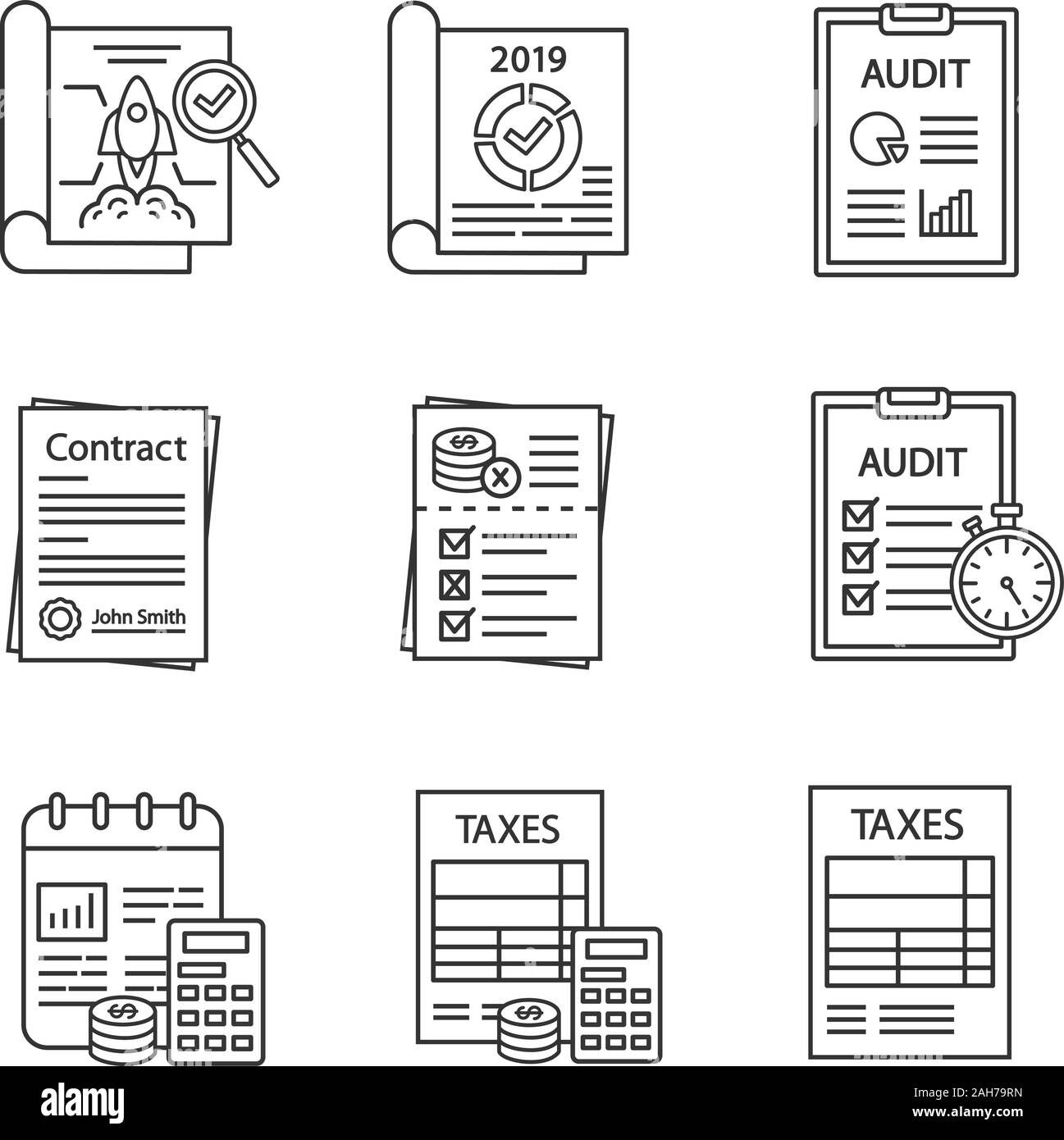 Audit linear icons set. Taxes form, accounting, budgeting, auditor's ...