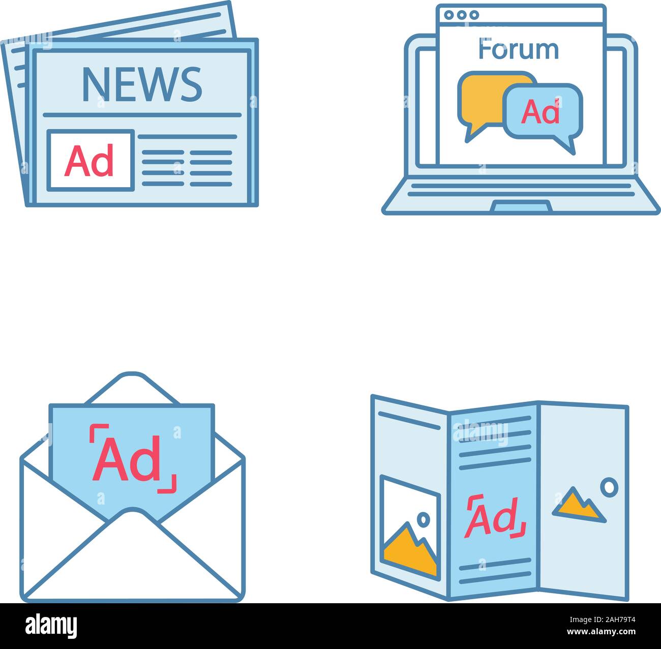 Advertising channels color icons set. Newspaper ads, forum, email ...