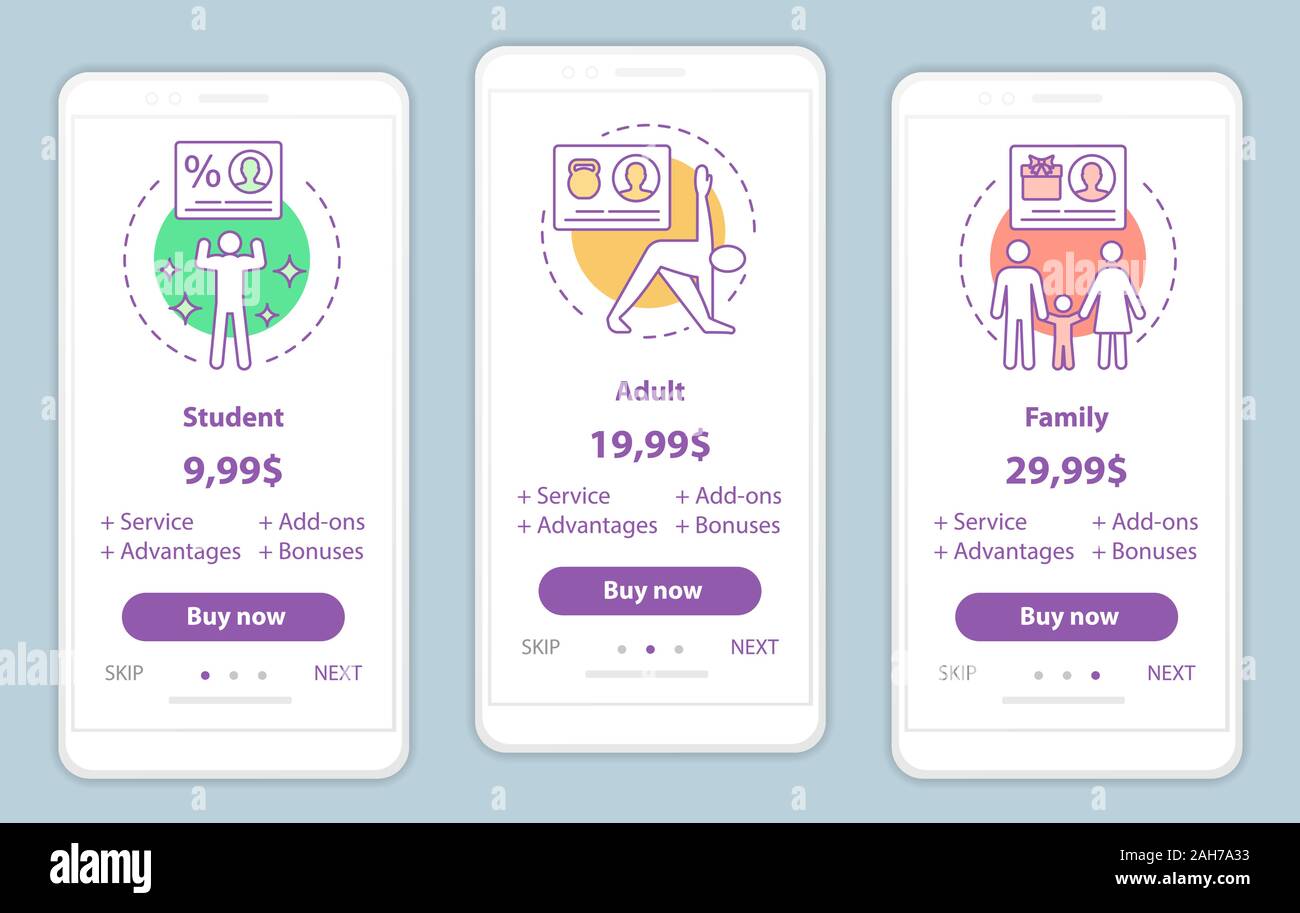 Subscription prices onboarding mobile app screens vector templates ...
