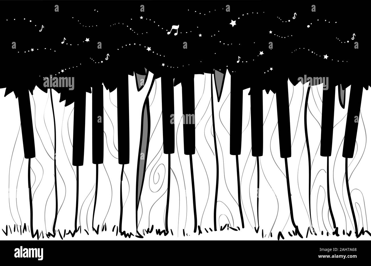 Abstract Illustration of Piano Keys and Trees and the Night Sky for a ...