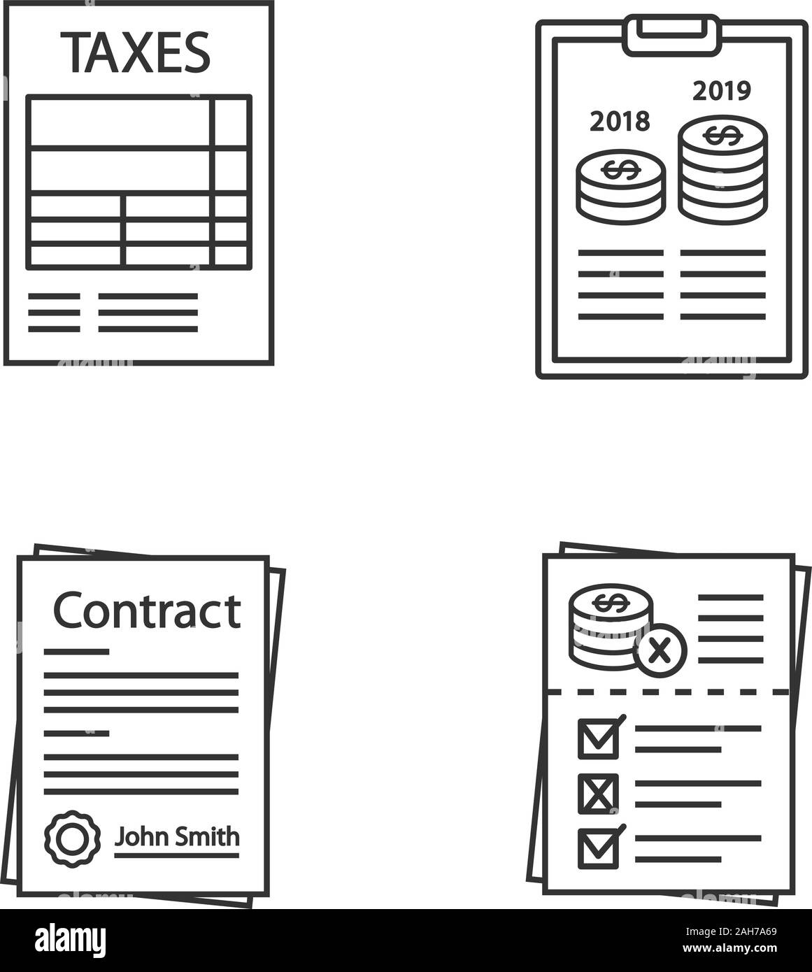 Audit linear icons set. Taxes form, annual report, contract, audit ...