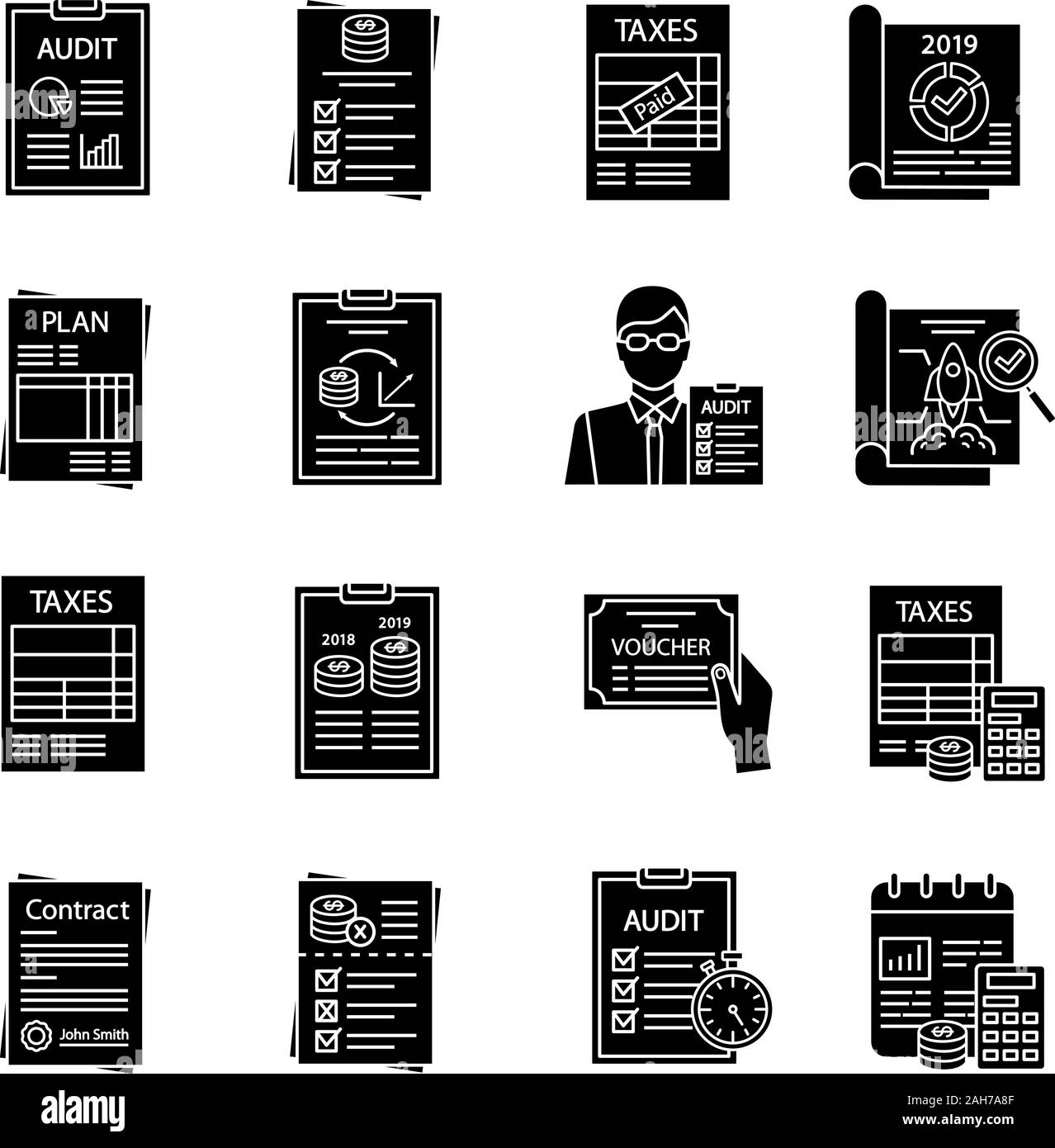 Audit glyph icons set. Financial inspection. Tax, annual reports ...