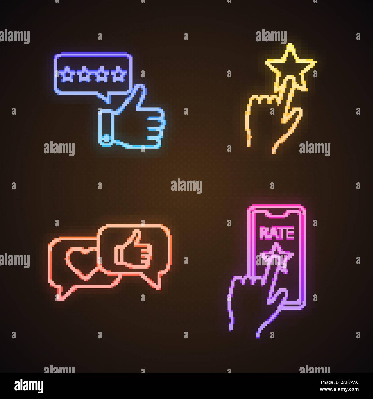 Rating neon light icons set. Feedback, app rating, add to favorite ...