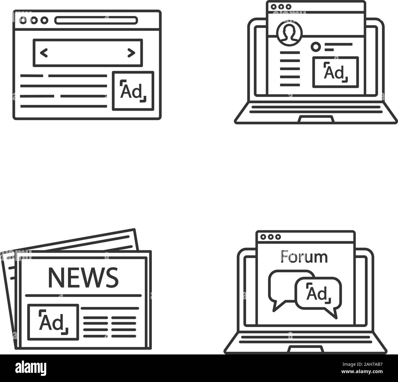 Advertising channels linear icons set. Internet marketing, social media ...