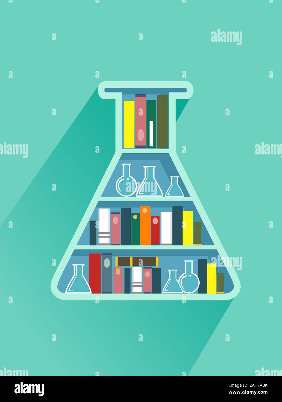 Illustration of a Flask Shaped Book Shelf with Laboratory Flasks for ...