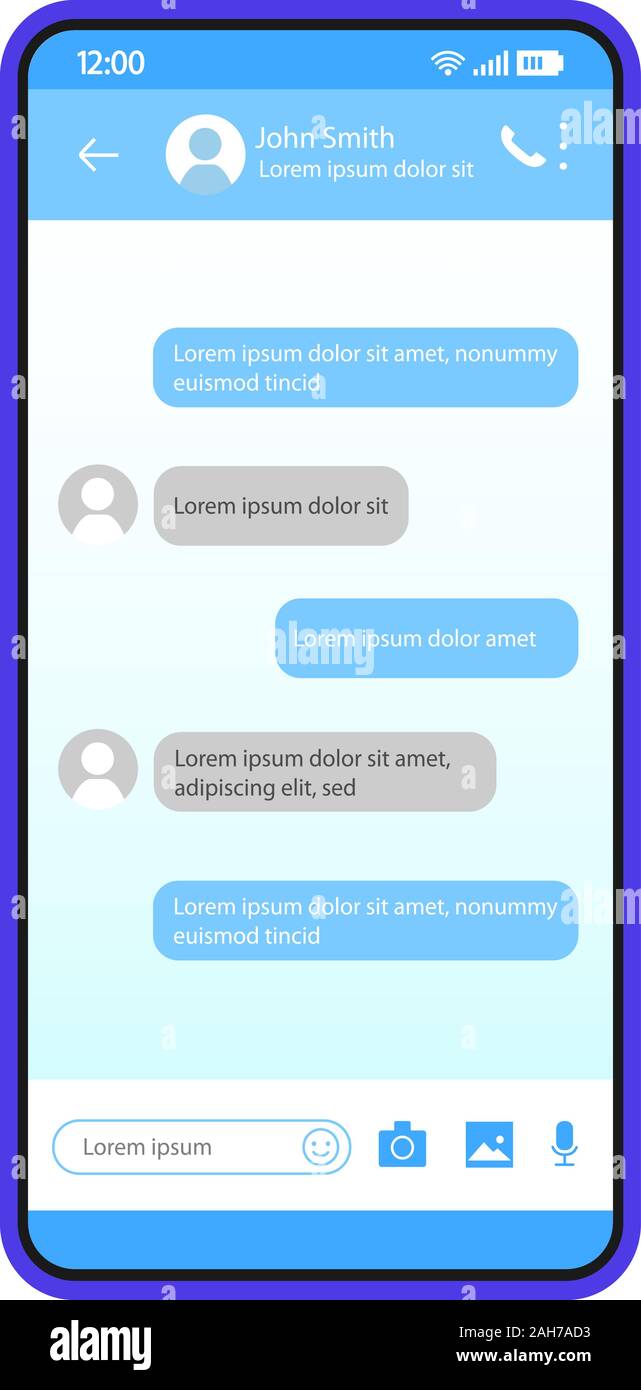 Smartphone chat interface vector template. Mobile app interface color design layout. SMS ...