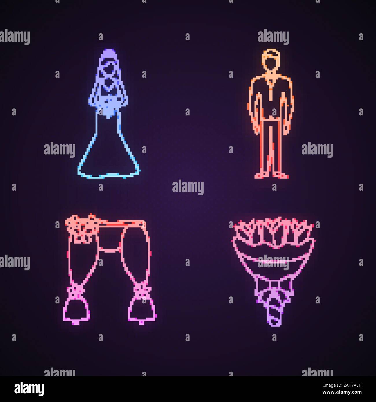 Wedding planning neon light icons set. Bride and bridegroom, wedding ...