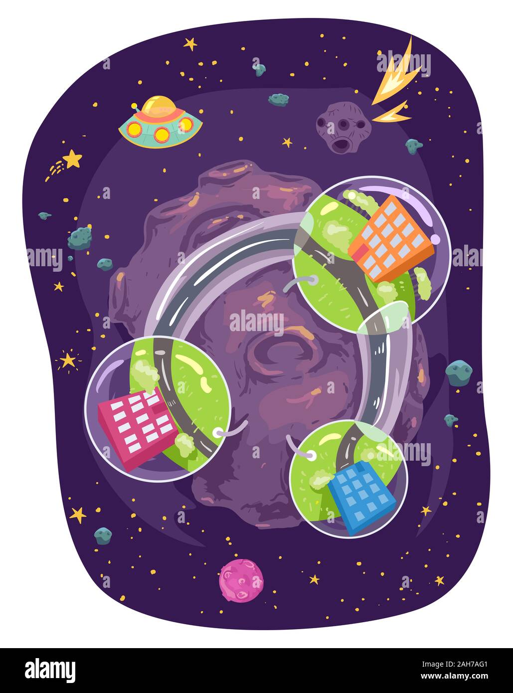 Illustration of a Fantasy Asteroid with Buildings Built On It in the ...