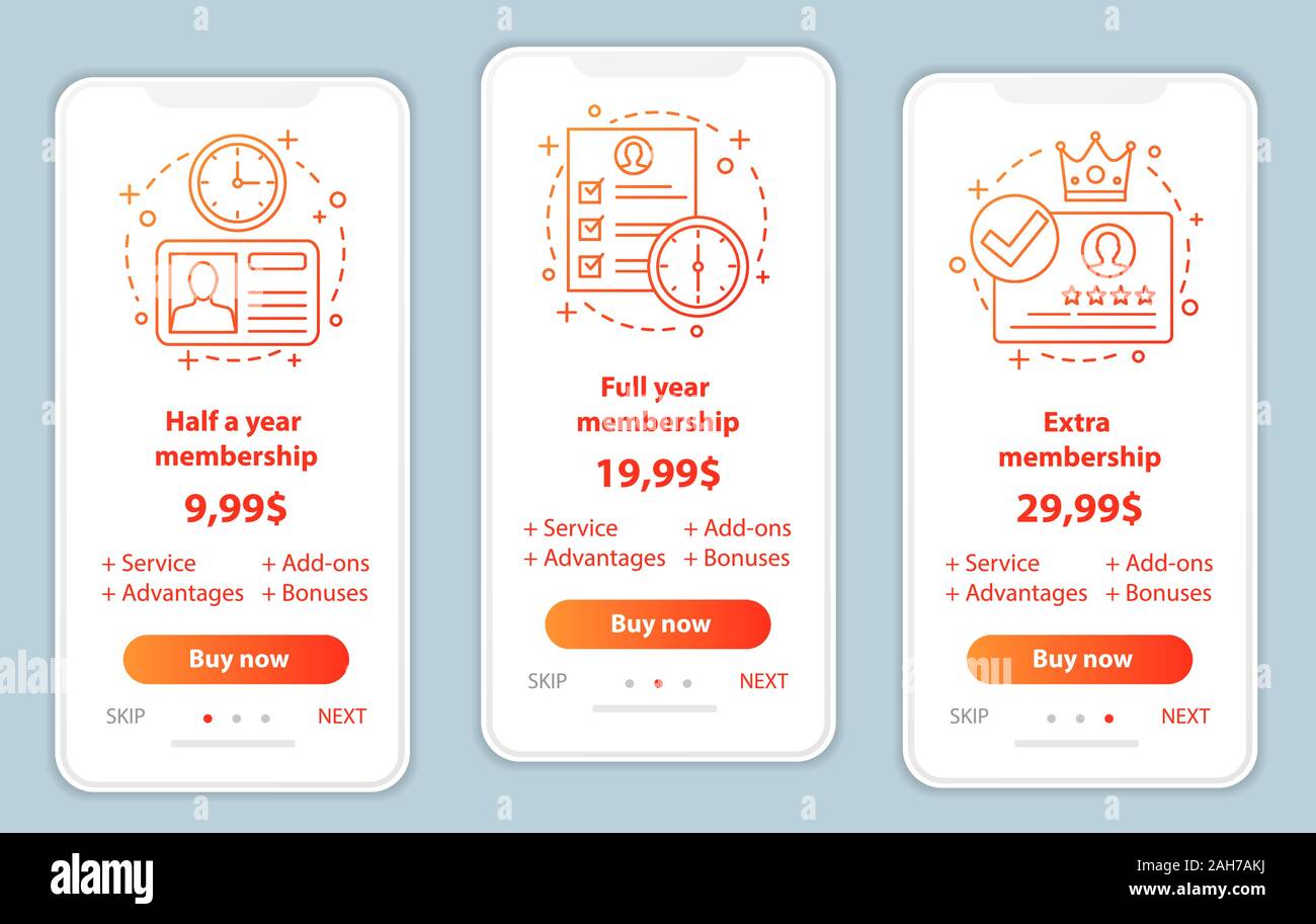 Membership prices onboarding mobile app screens vector templates ...