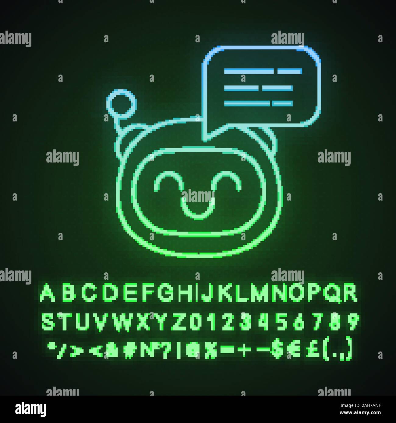 Chatbot message neon light icon. Talkbot. Laughing chat bot. Modern robot. Virtual assistant ...