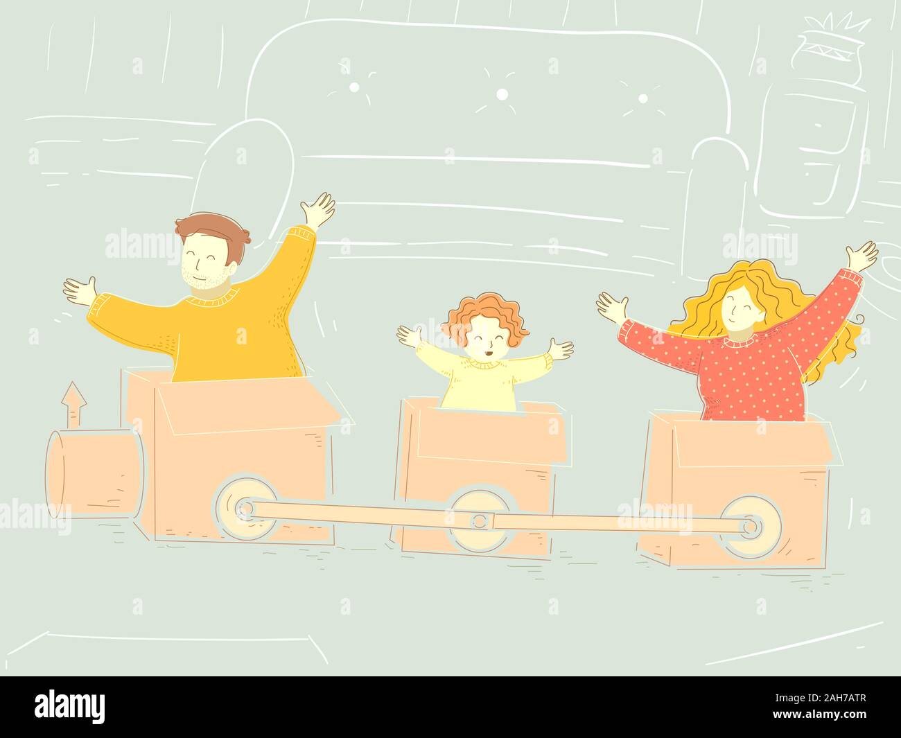 Illustration of a Family Riding a Fantasy Train Made from Cardboard ...