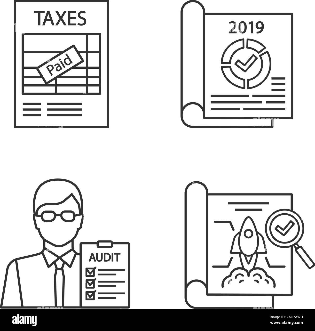 Audit linear icons set. Taxes return, annual report, auditor, project ...