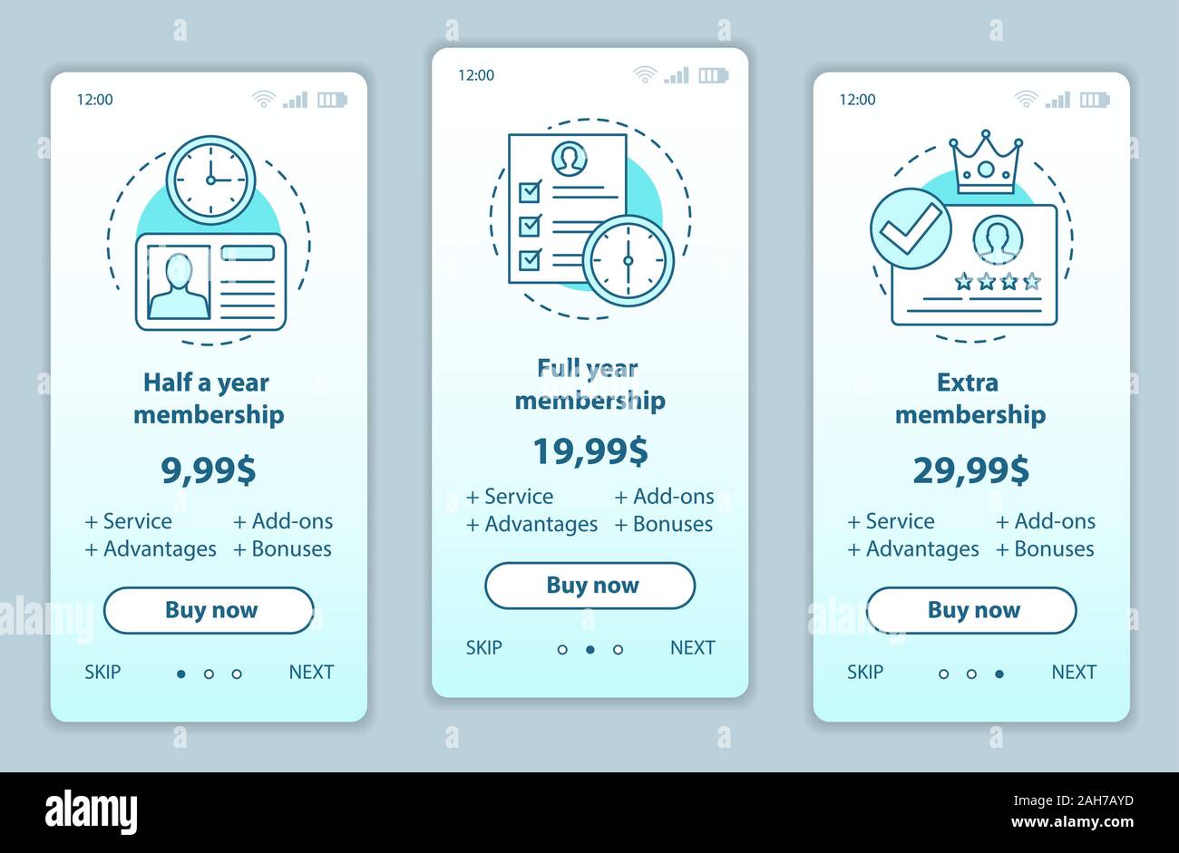 Membership prices onboarding mobile app screens vector templates ...