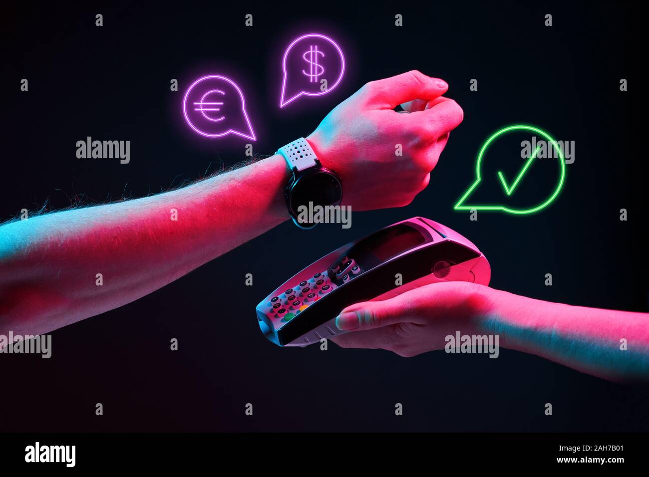 Payment transaction with smart watch. Modern neon color. Concept of ...