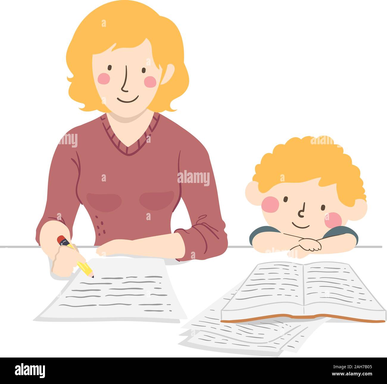 Illustration of a Mother Writing Down on Paper with Son Watching Her ...