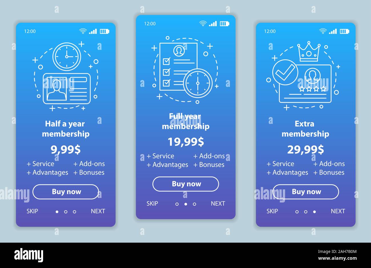 Membership prices onboarding mobile app screens vector templates ...
