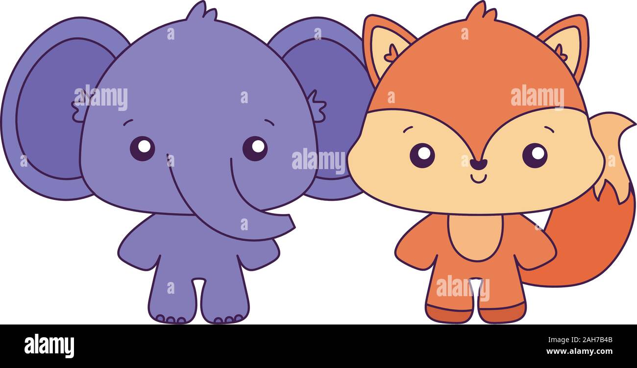 elephant and fox cartoons design, Kawaii expression cute character ...