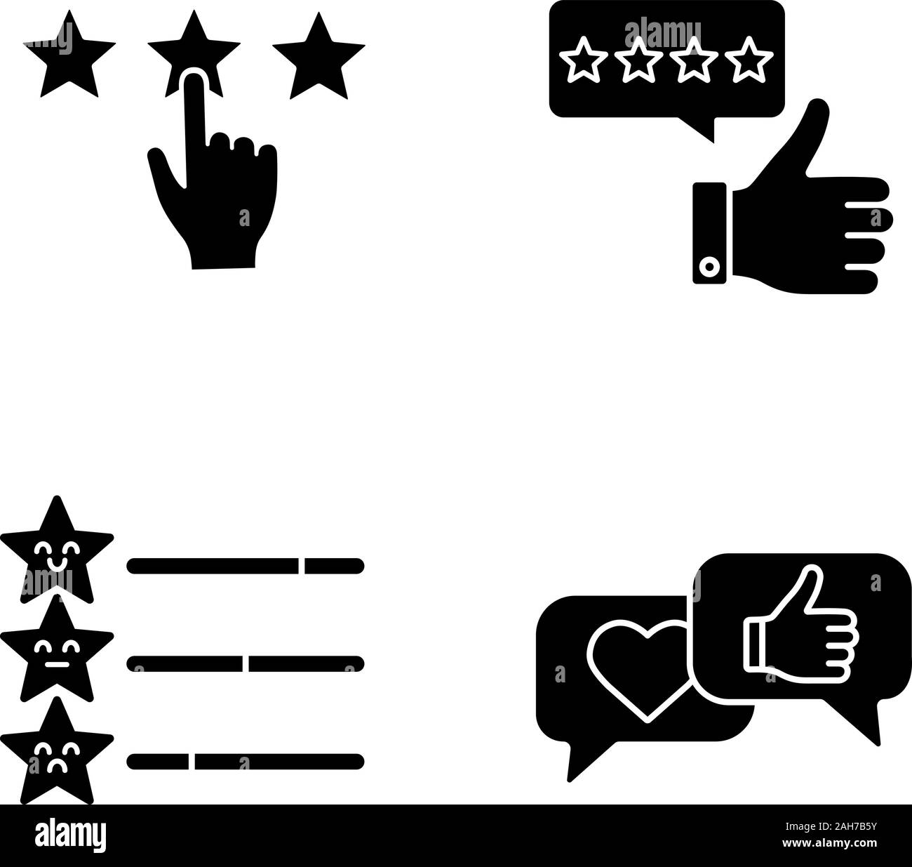 Rating glyph icons set. Review, five star, feedback scale, social media ...