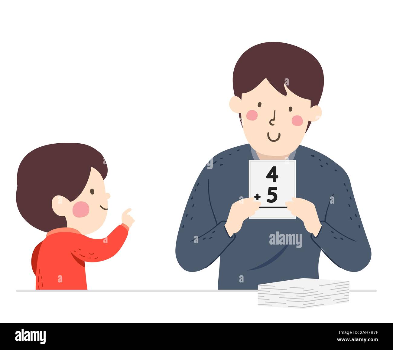 Illustration of a Kid Boy Answering Math Questions on Flash Cards Shown ...