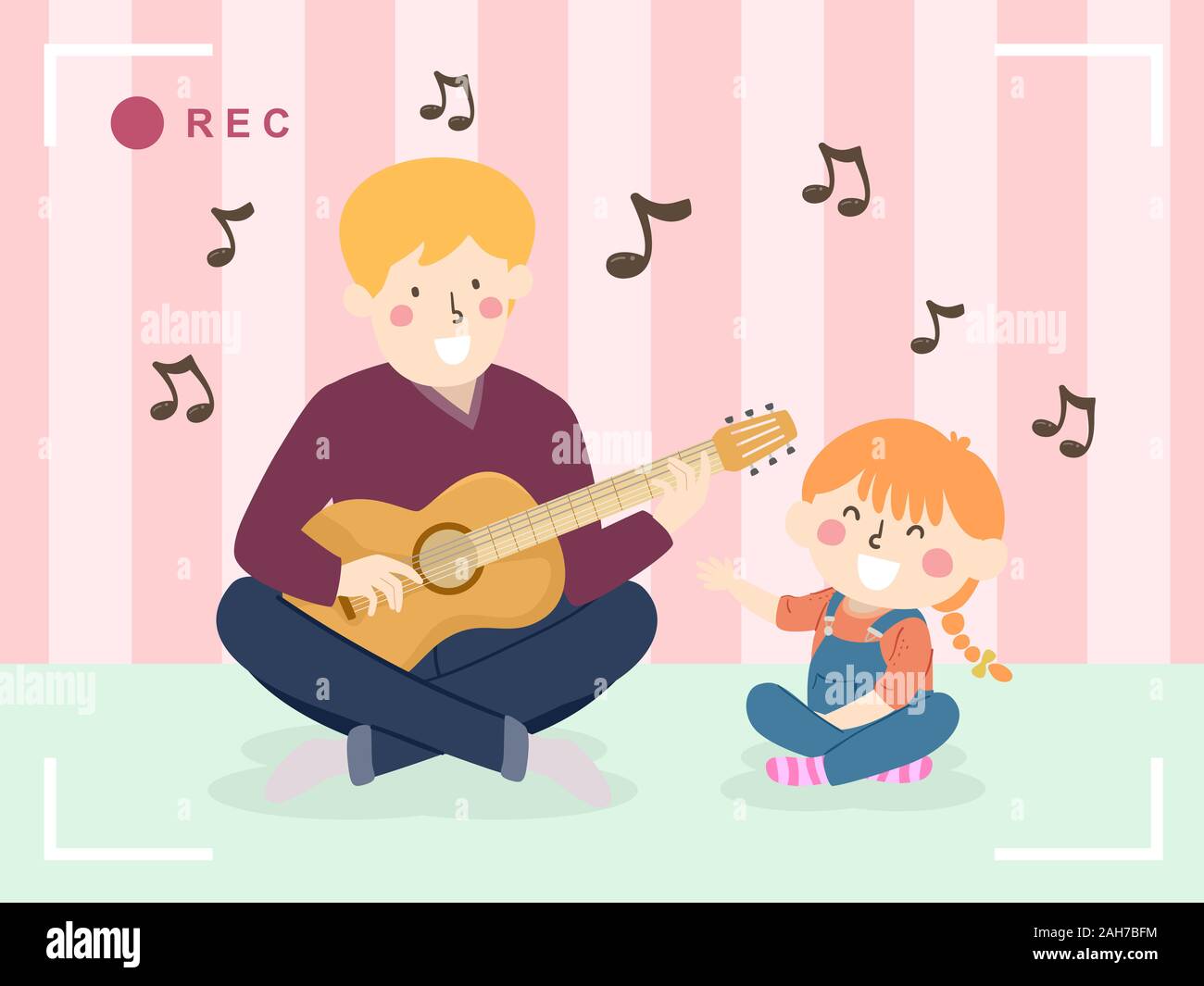 Illustration of a Kid Girl and Father Singing and Playing the Guitar ...