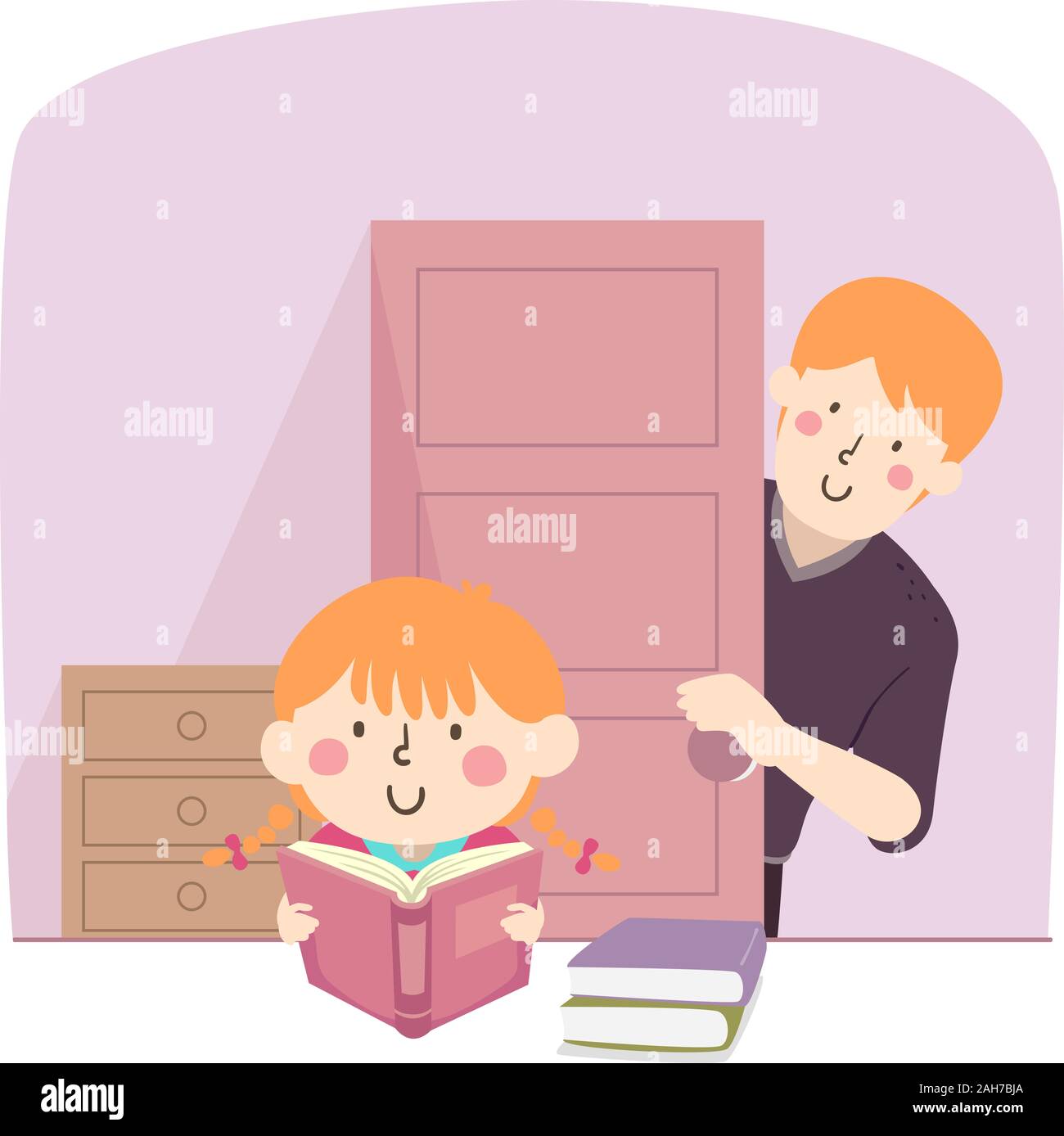 Illustration of a Kid Girl Reading a Book and Studying with Her Father ...