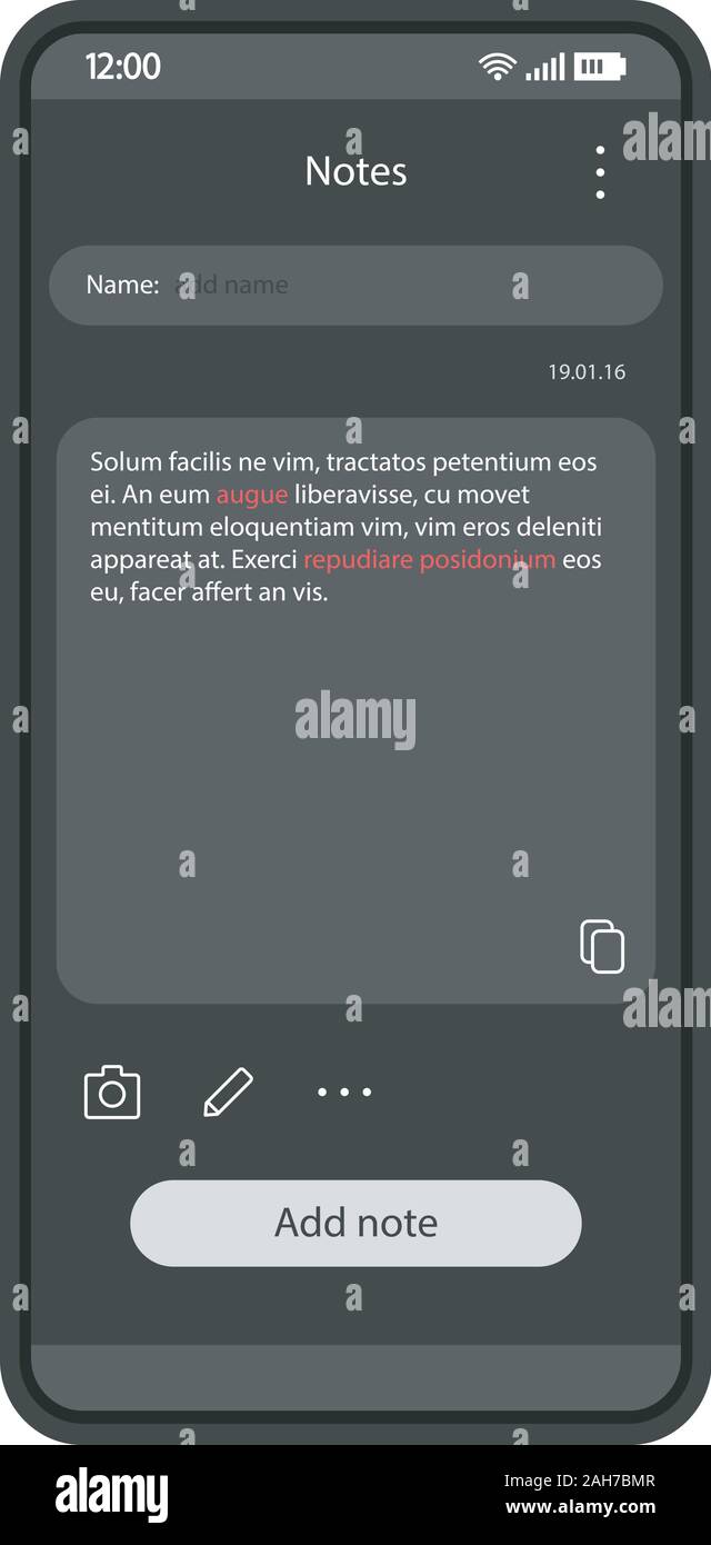 Note taking app interface vector template. Mobile app interface black design layout. Smartphone ...
