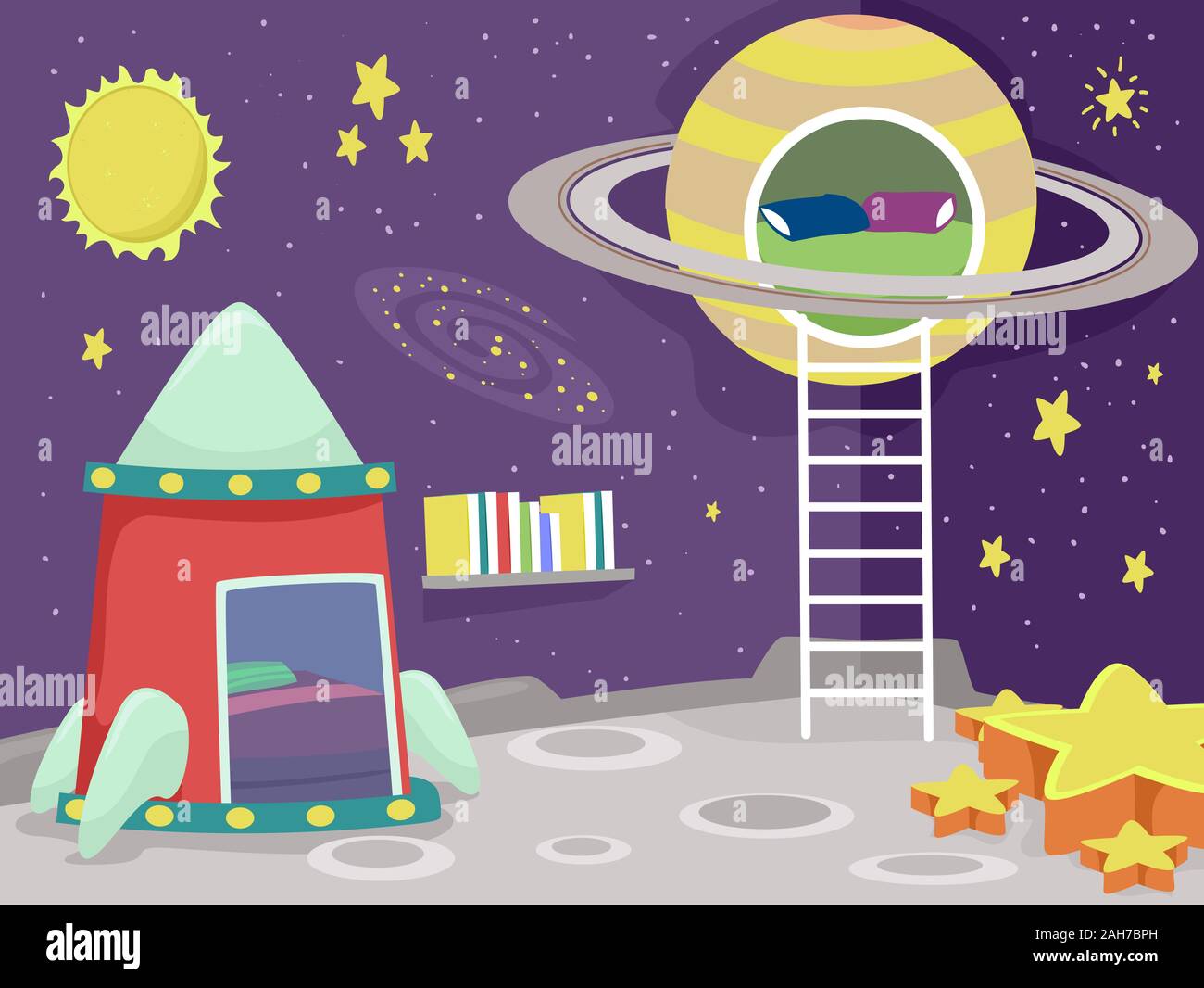 Illustration of a Space Themed Bedroom with Rocket and Saturn Planet ...