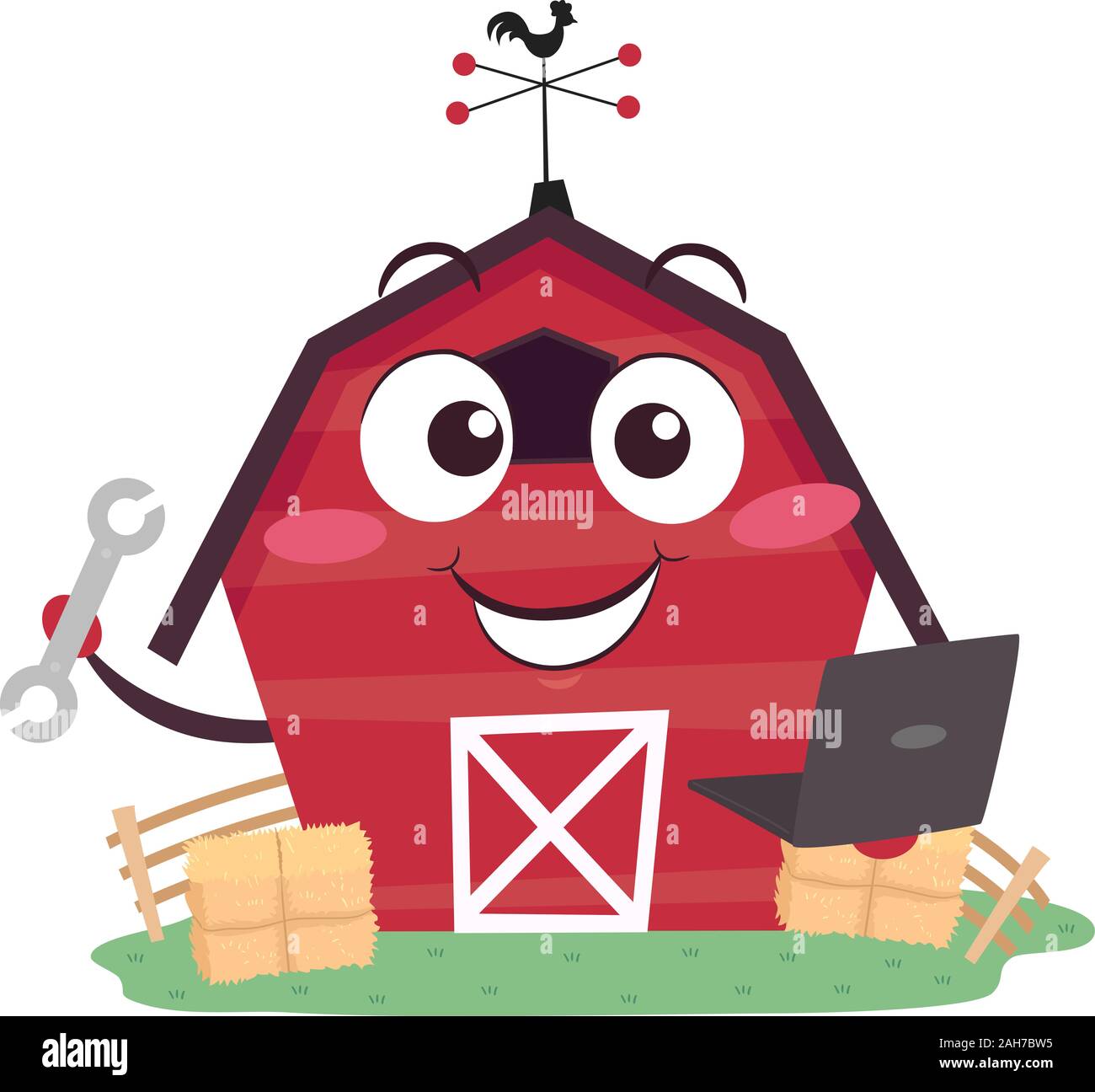 Illustration of a Red Barn Mascot Using a Laptop and Holding a Wrench ...
