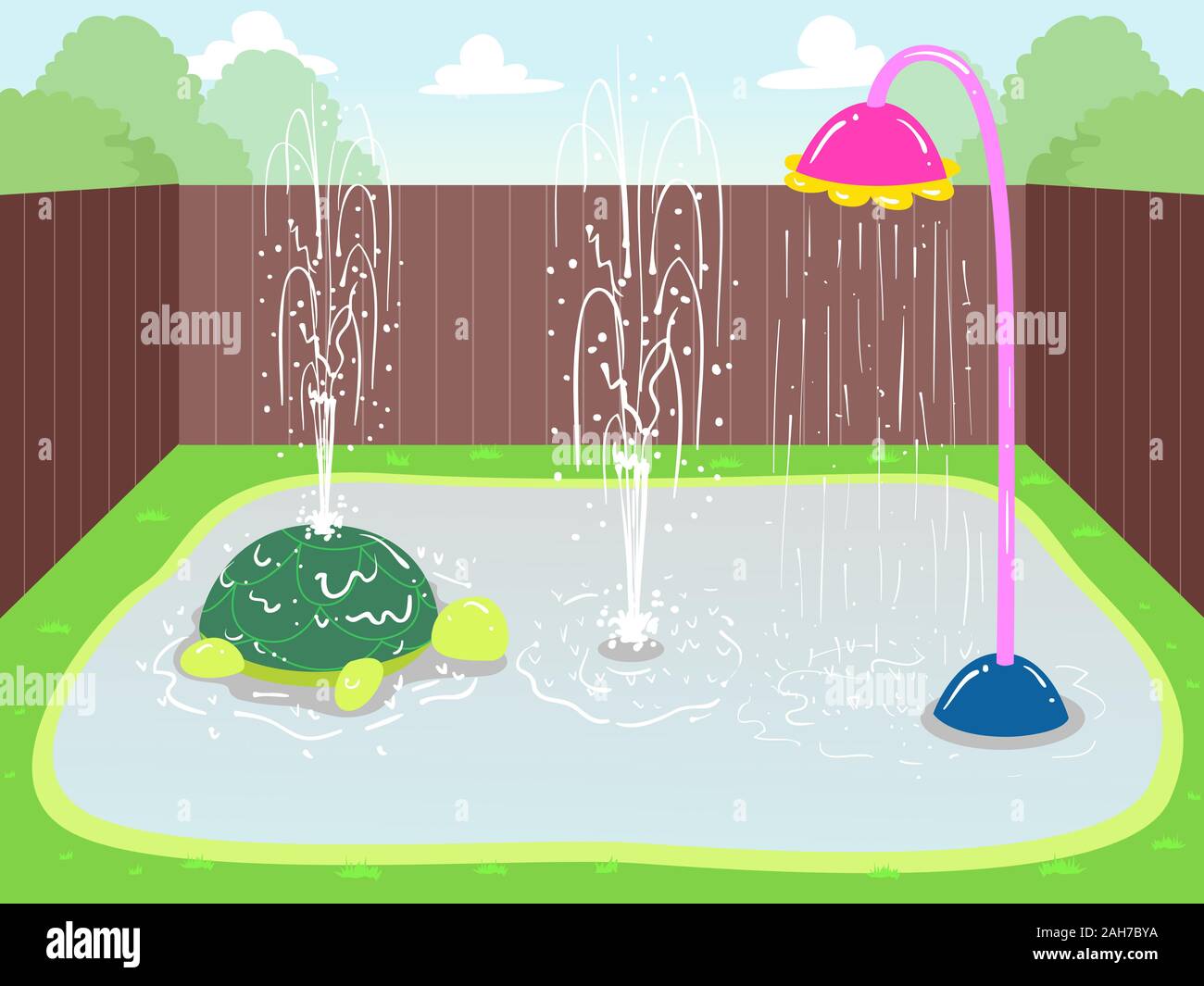 Illustration of Splash Pads with Sprinkling Water at the Backyard Stock ...