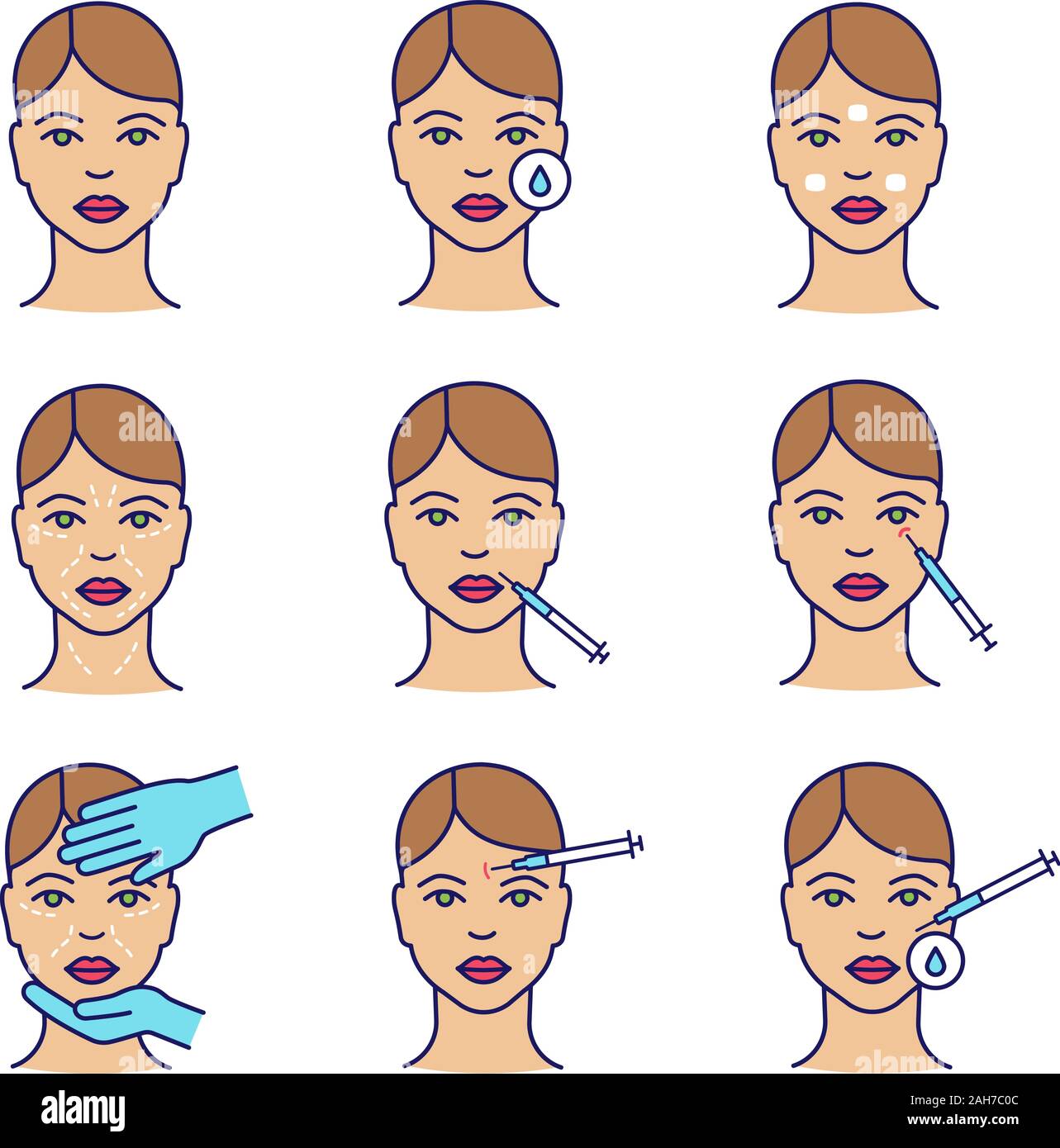 Neurotoxin injection color icon set. Woman face, makeup removal ...