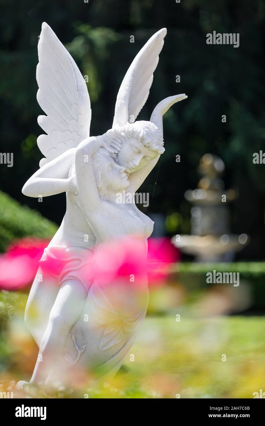 In a garden, a marble statue of Cupid and Psyche lies among flowers and ...