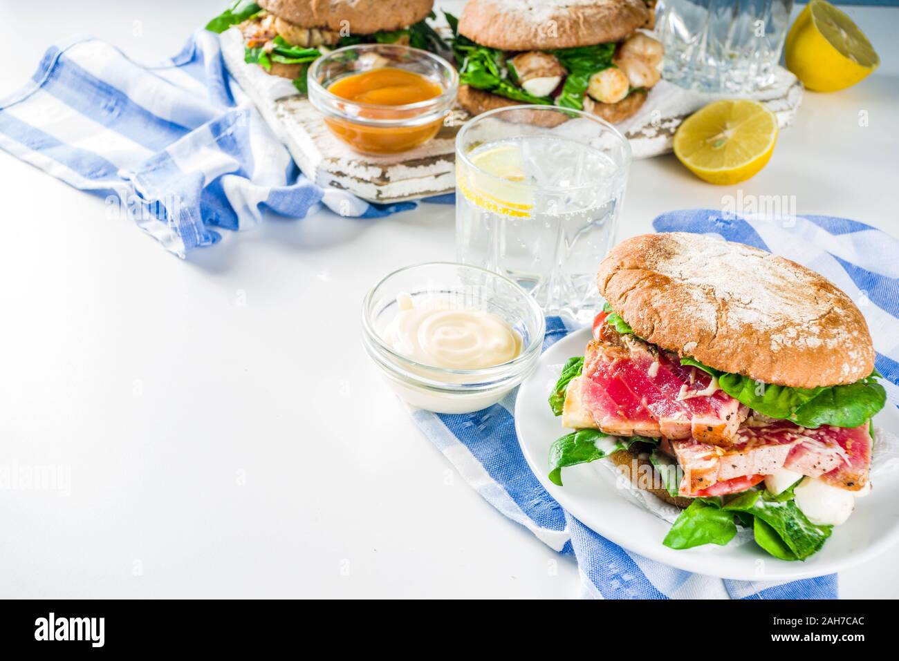 Various seafood and fish burgers assortment. Homemade healthy burger ...