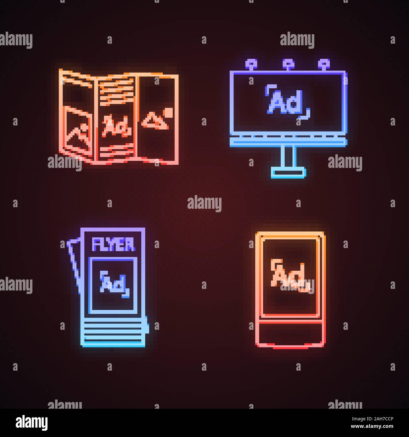 Advertising channels neon light icons set. Brochure, billboard, street ...