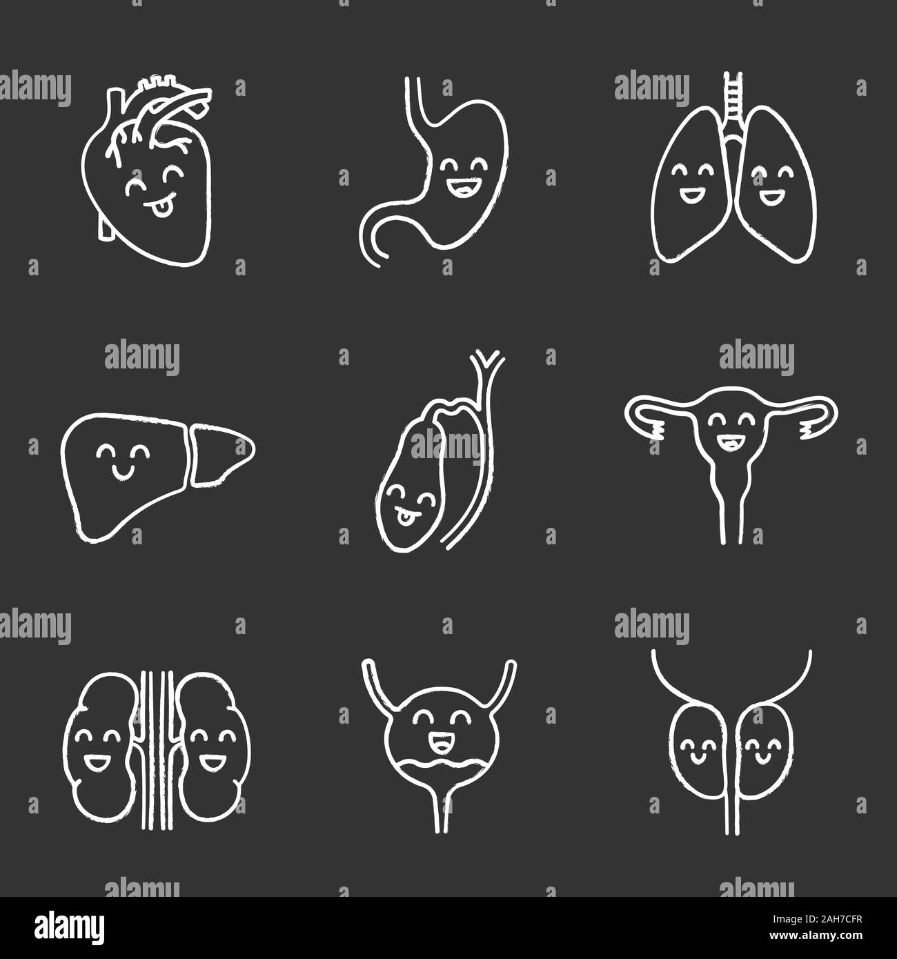 Smiling human internal organs chalk icons set. Respiratory, urinary ...