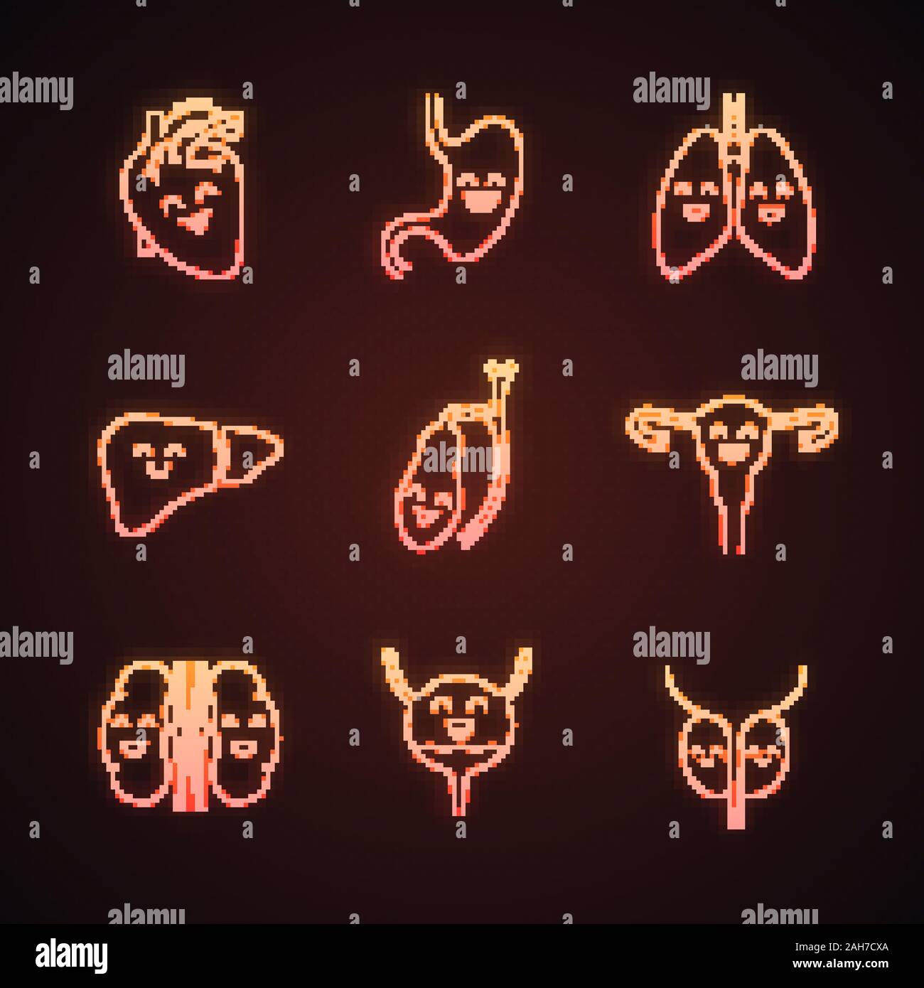Smiling human internal organs neon light icons set. Respiratory ...