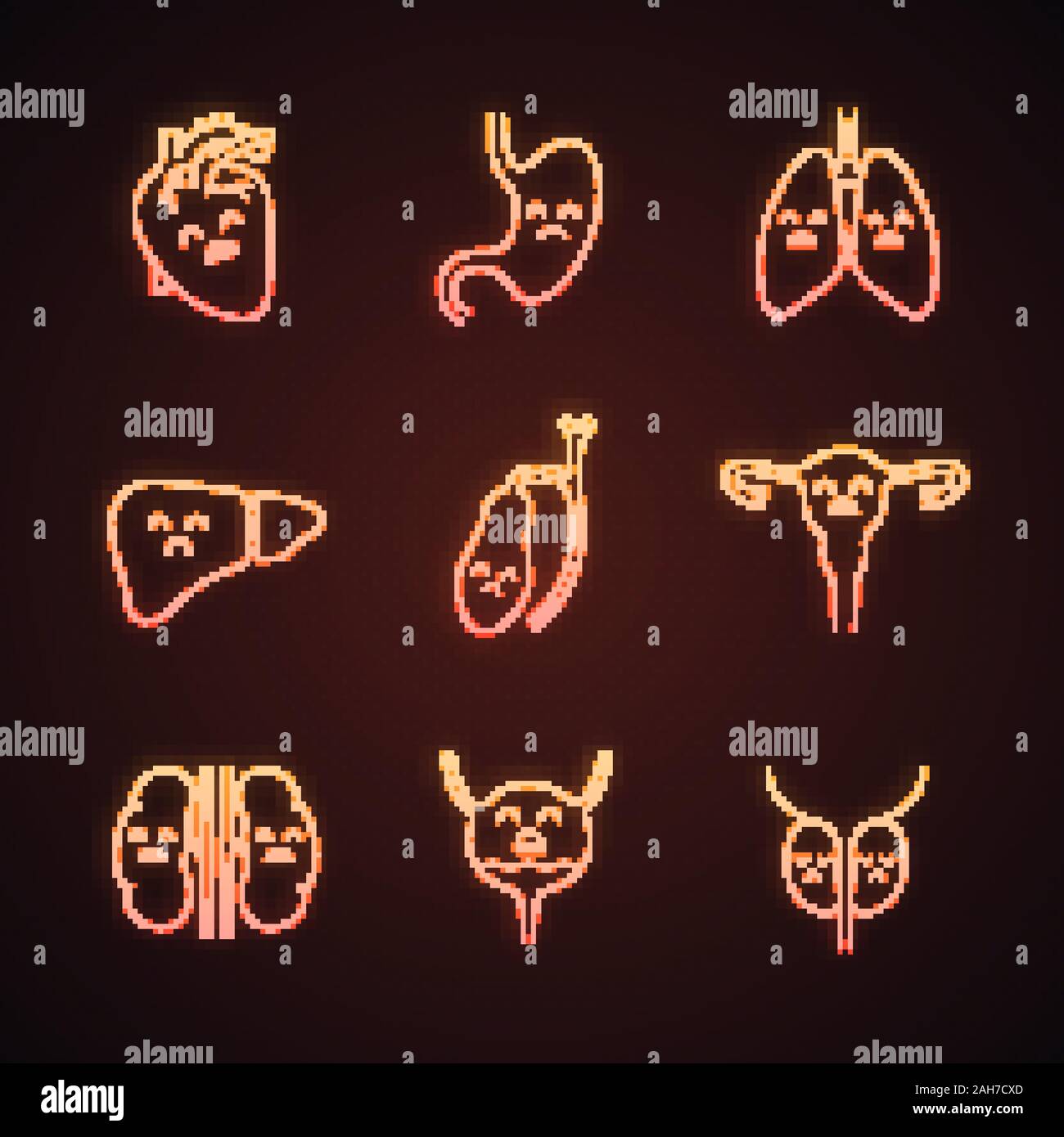 Sad human internal organs neon light icons set. Respiratory, urinary ...
