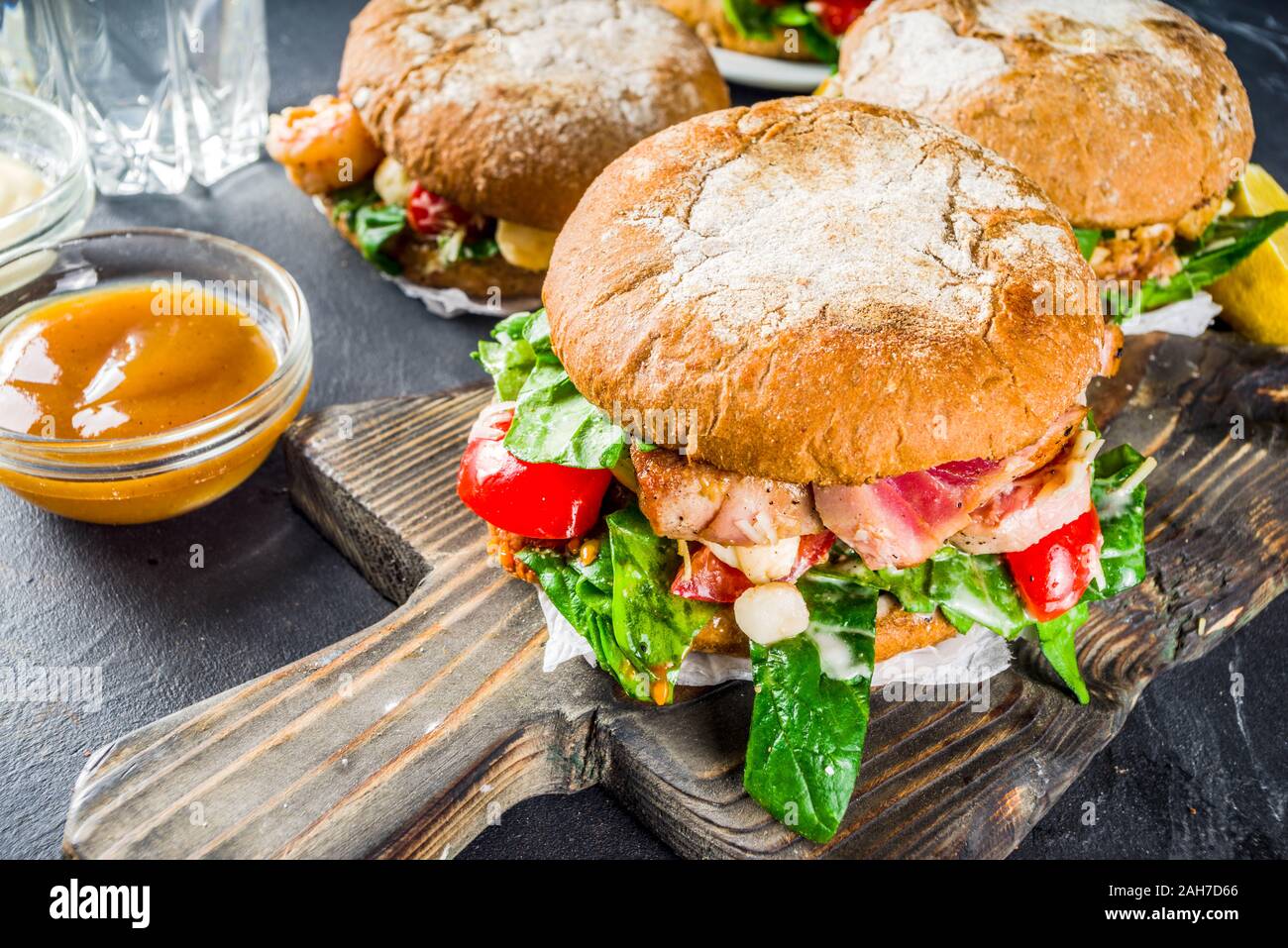 Various seafood and fish burgers assortment. Homemade healthy burger ...