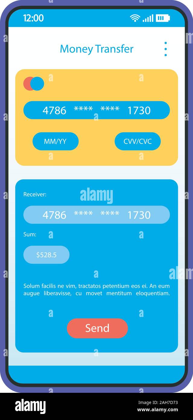 Money transfer app interface vector template. Mobile app interface blue ...
