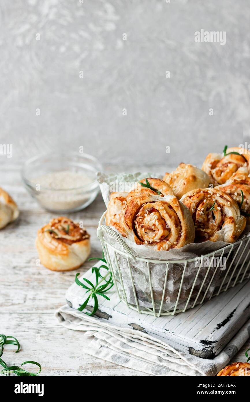 Unsweetened snails and puff pastry with bacon and sesame seeds ...