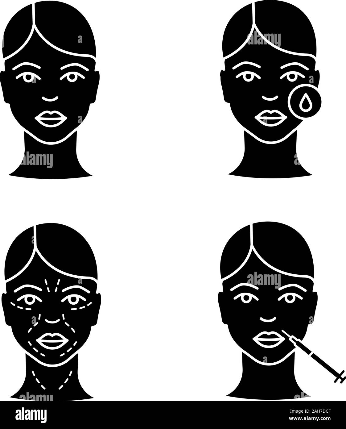 Neurotoxin injection glyph icons set. Woman face, makeup removal, mimic ...