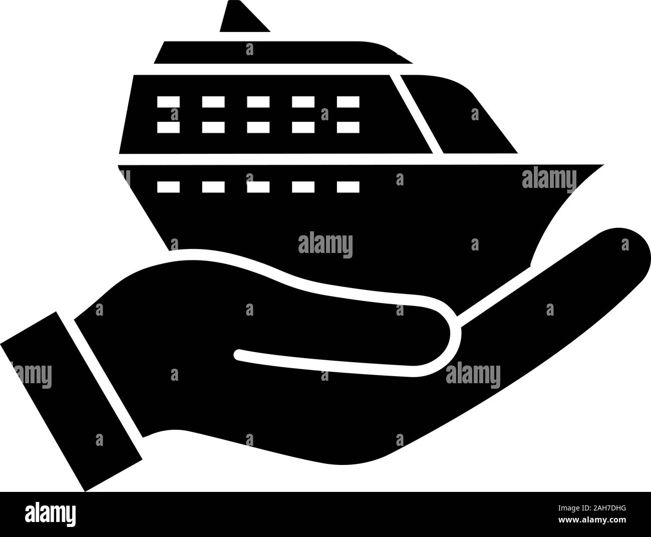 Cruise service glyph icon. Hand holding cruise ship. Shore excursions ...