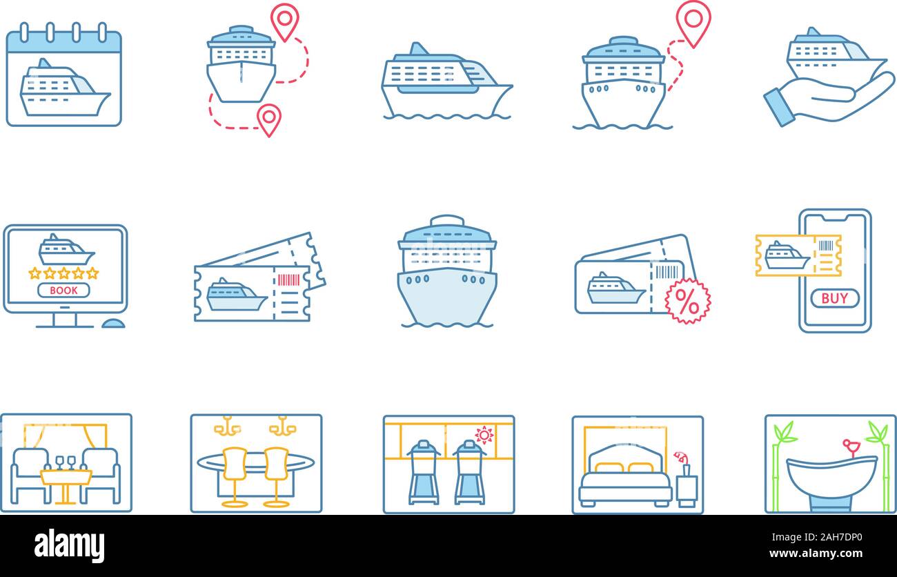 Cruise color icons set. Services, tickets booking and buying, ships ...