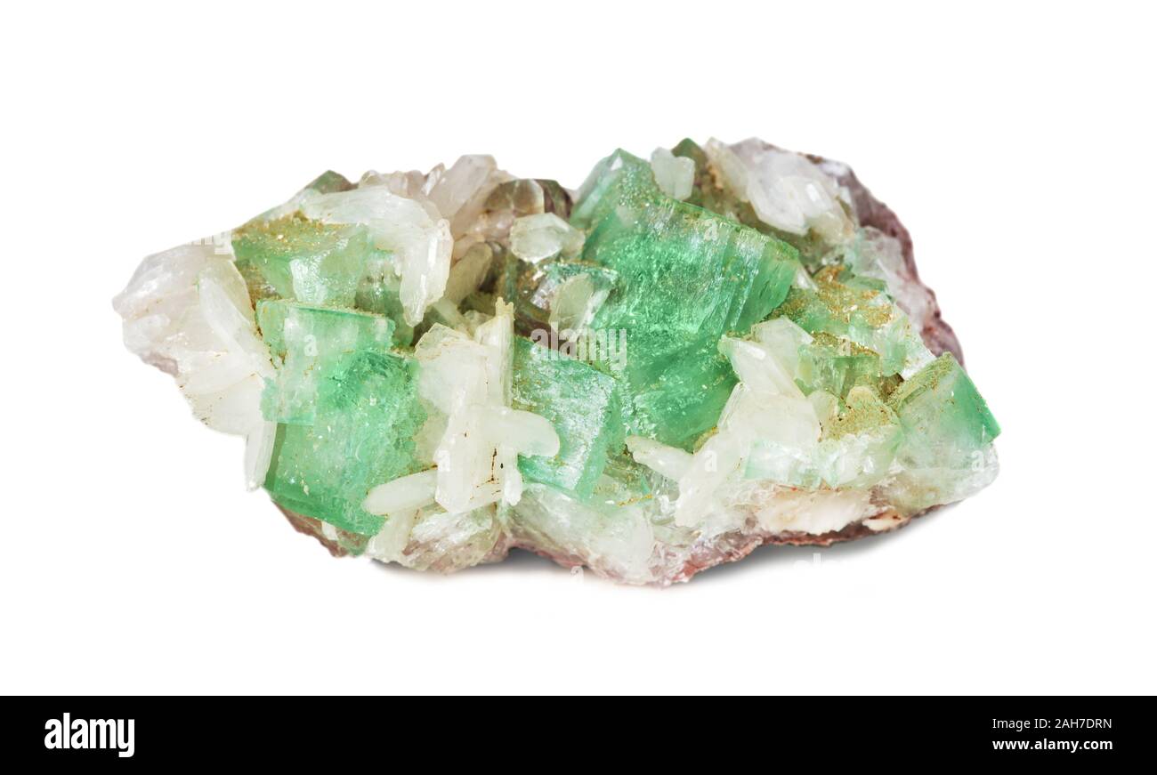 Crystals of transparent green apophyllite and white stilbite are on the ...